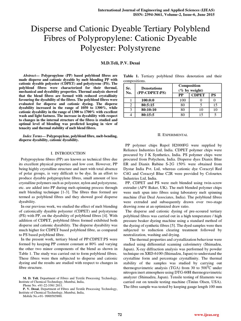Disperse and Cationic Dyeable Tertiary Polyblend Fibres of Polypropylene: Cationic Dyeable ...