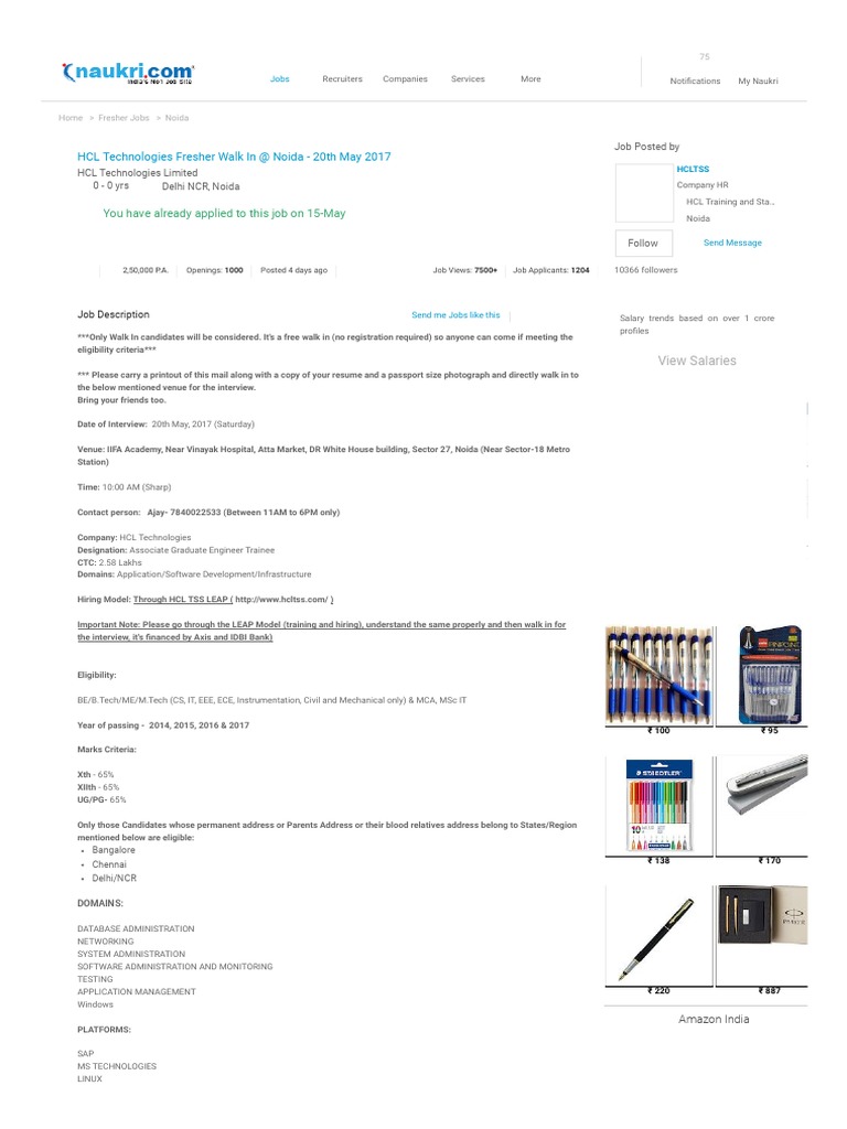 HCL Technologies Fresher Walk in | PDF | Computer Science | Recruitment