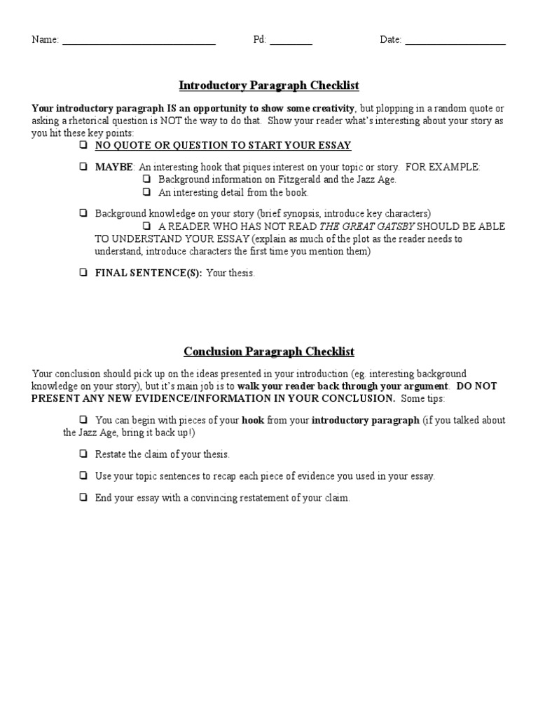 Introductory Paragraph Checklist | PDF | Essays | Writing