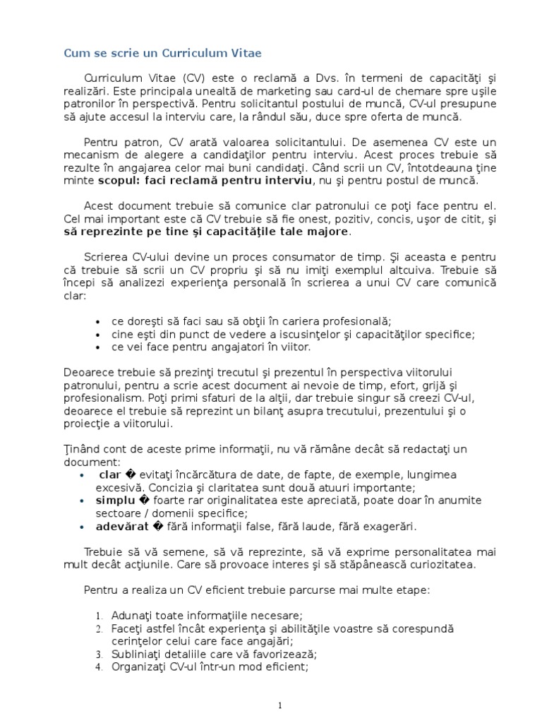 Cum Se Scrie Un Curriculum Vitae | PDF