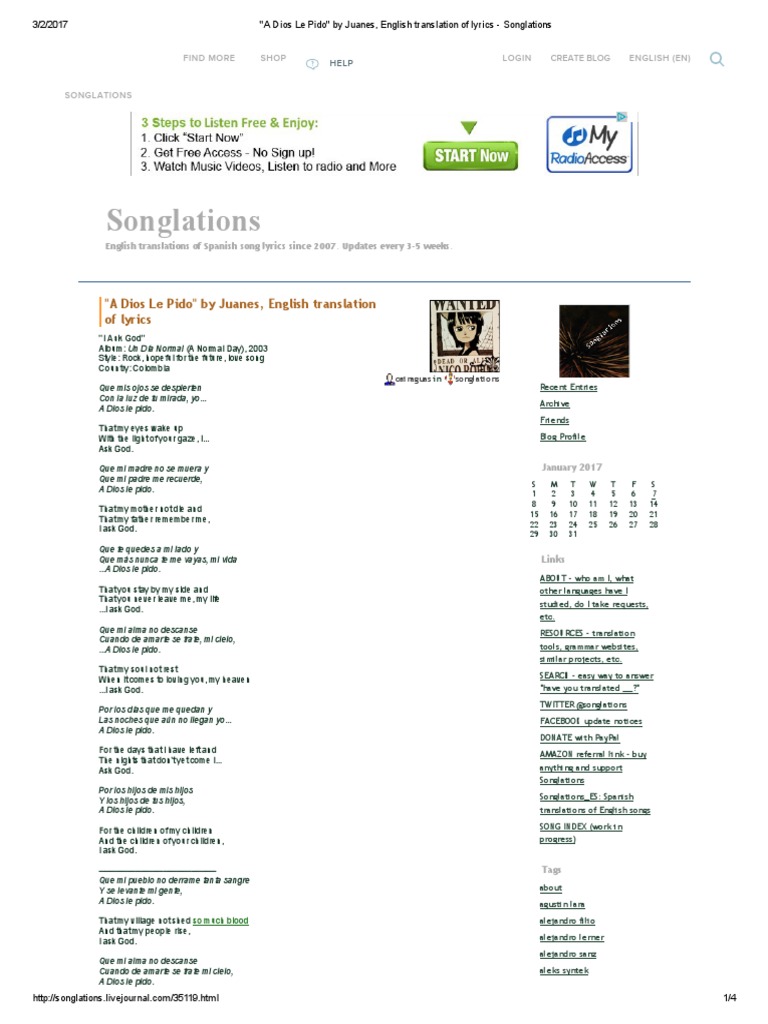 A Dios Le Pido - by Juanes, English Translation of Lyrics - Songlations ...
