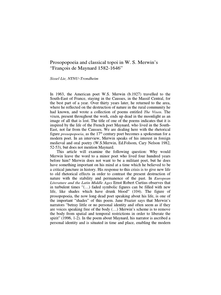 Prosopopoeia and Classical Topoi in W. S. Merwin's "François de Maynard ...