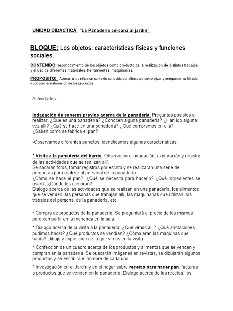 UNIDAD DIDACTICA. La Panaderia | PDF | Panadería | Panes