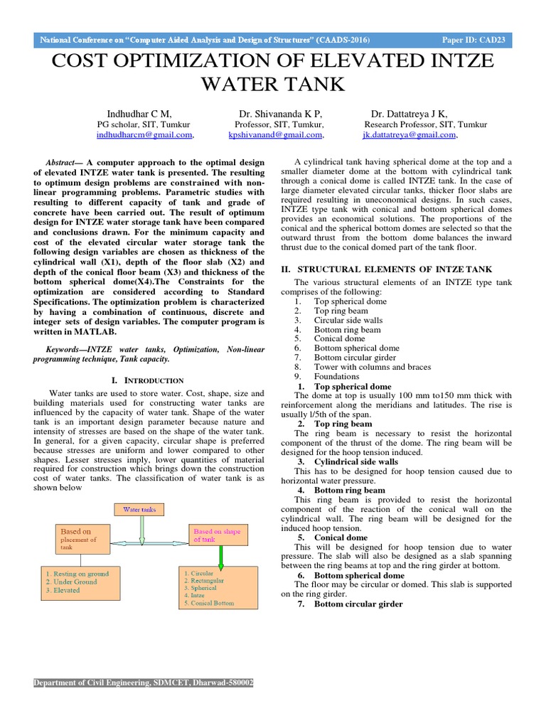 Cost Optimization of an Elevated INTZE Water Tank Through Non-Linear Programming | PDF ...