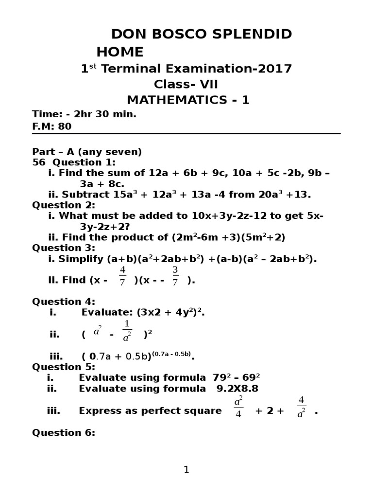 Don Bosco Splendid Home: 1 Terminal Examination-2017 Class-VII ...