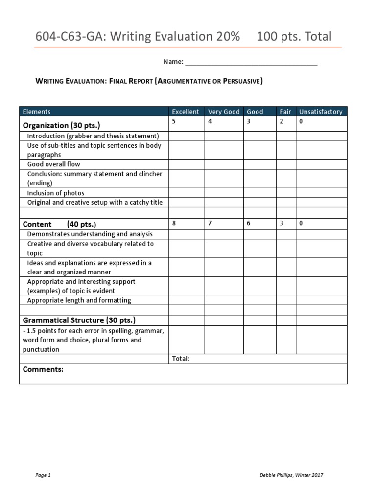 604-C63-GA: Writing Evaluation 20% 100 Pts. Total: W E: F R (A P) | PDF