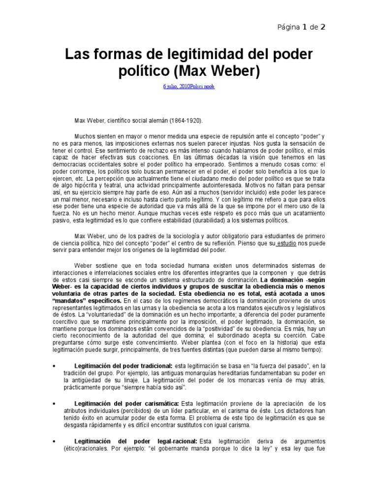 Las Formas de Legitimidad Del Poder Político | Democracia | Ideologías ...