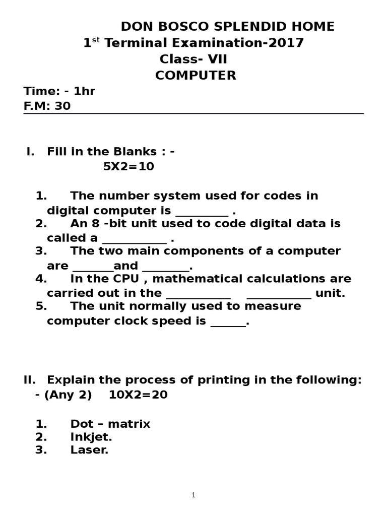 Don Bosco Splendid Home 1 Terminal Examination-2017 Class-VII Computer | PDF