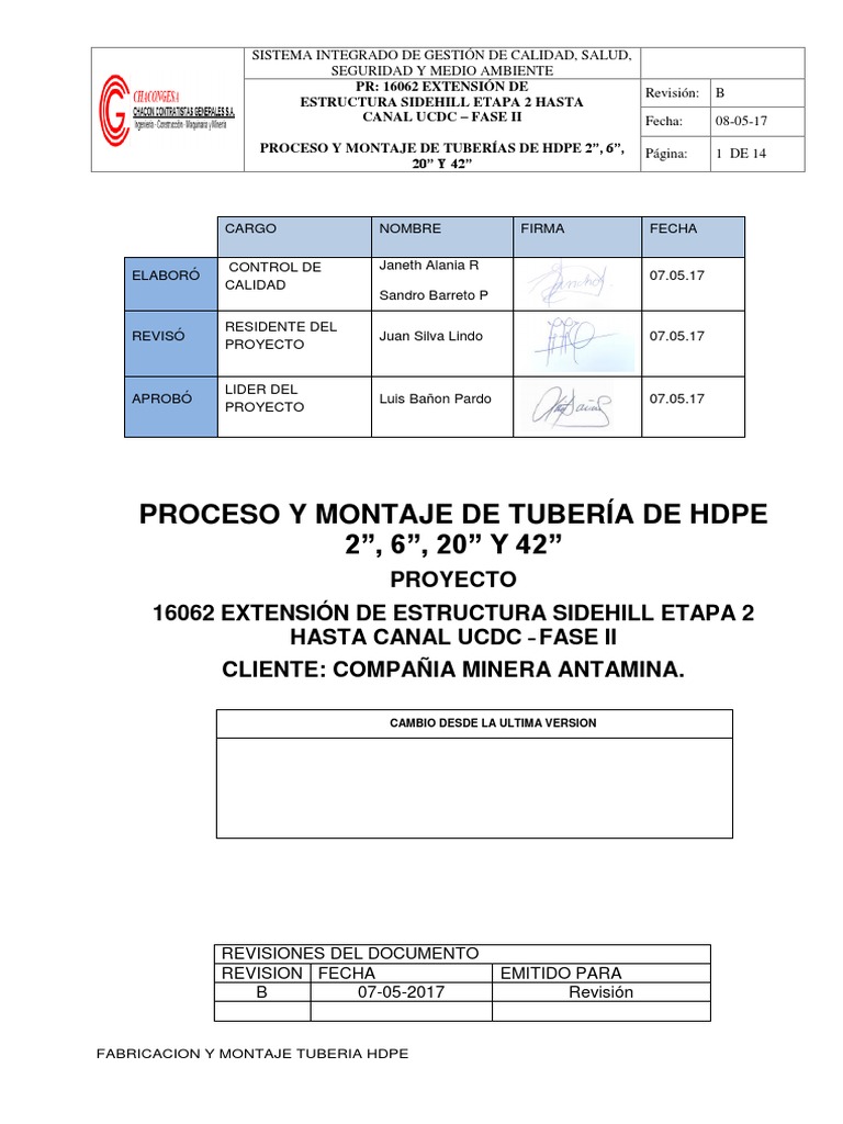 Chc-Proc-P001-Proceso y Montaje de Tuberías de Hdpe 2", 6", 20" y 42" PDF | PDF | Calidad ...