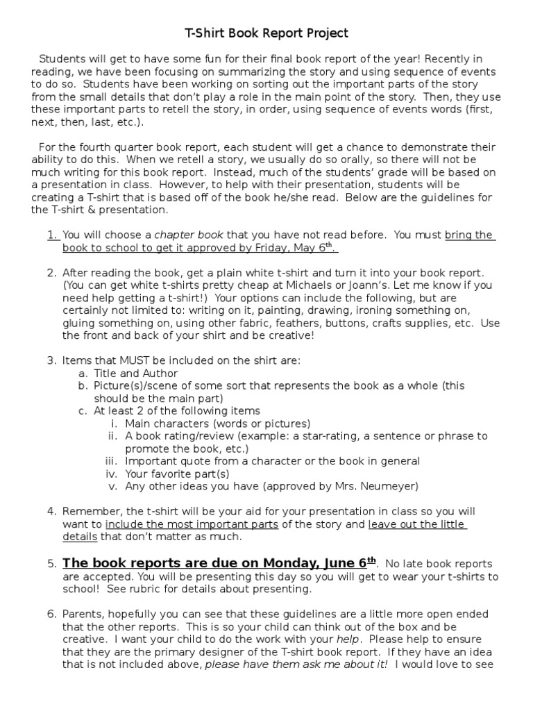 T-Shirt Book Report Instructions | PDF | T Shirt | Books