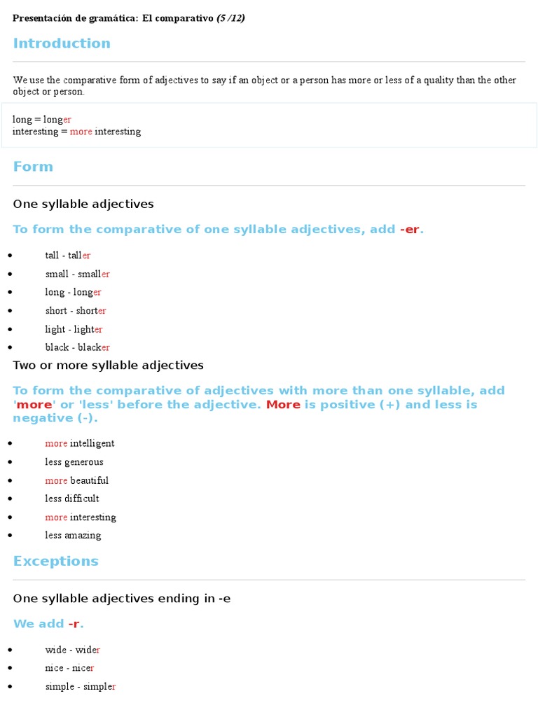 Er More: One Syllable Adjectives | PDF