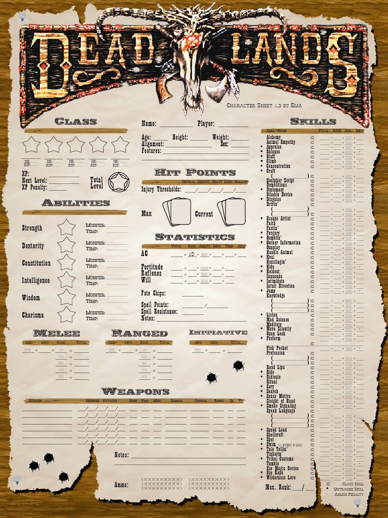 Deadlands D20 Character Sheet v1.3 (Color) | PDF | Combat | Military ...