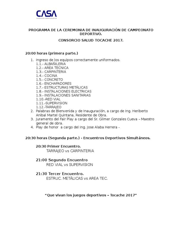 Programa de La Ceremonia de Inauguración de Campeonato Deportivo | PDF