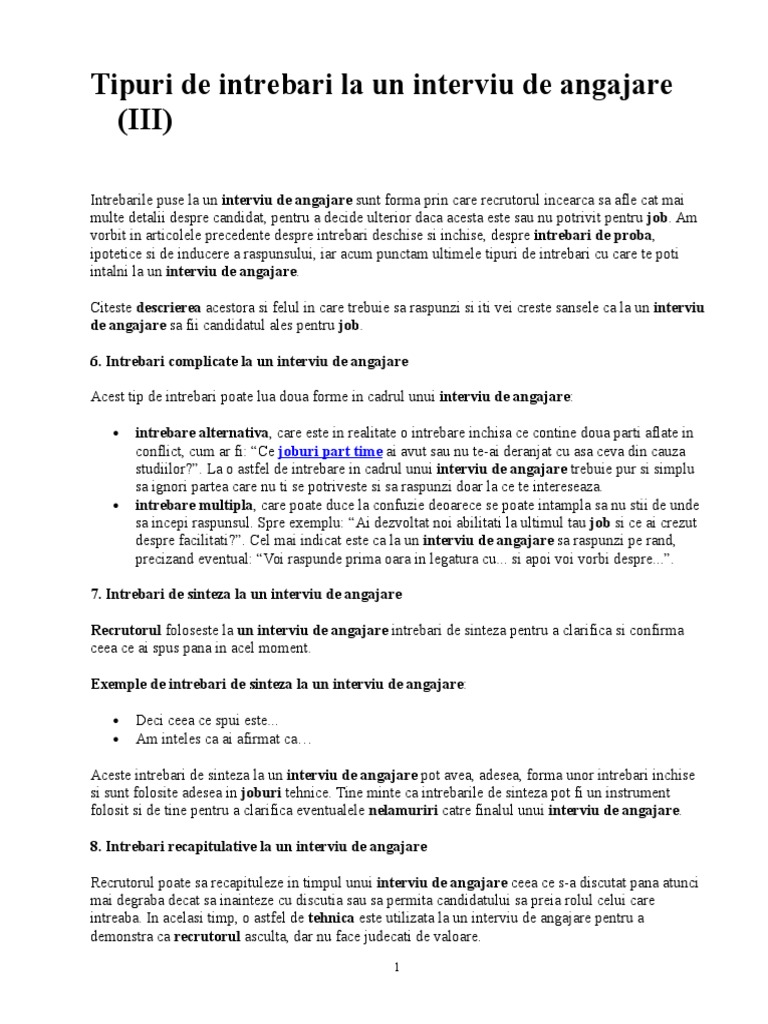 Tipuri de Intrebari La Un Interviu de Angajare | PDF