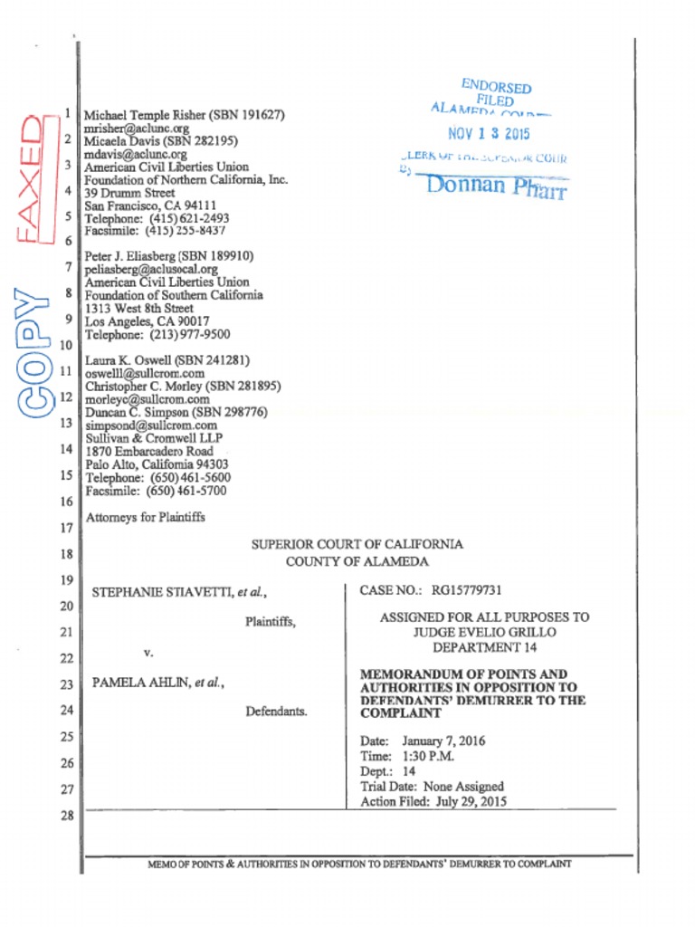 20151113-Plaintiffs Opposition To Demurrer | PDF