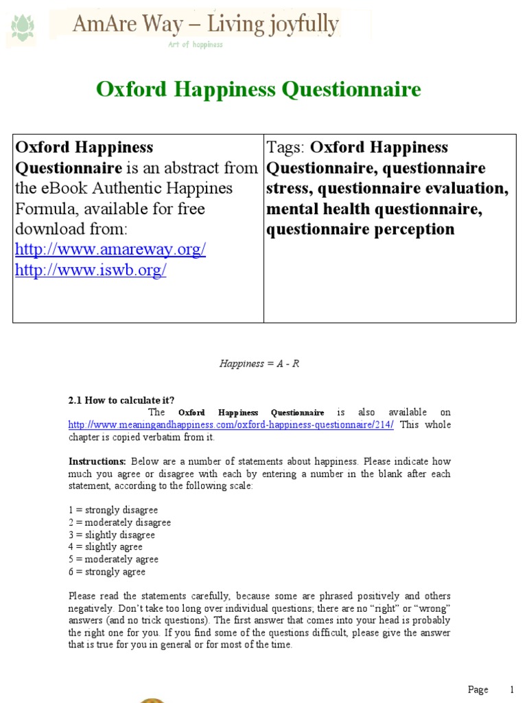 Oxford Happiness Questionnaire Guide | PDF | Happiness | Well Being