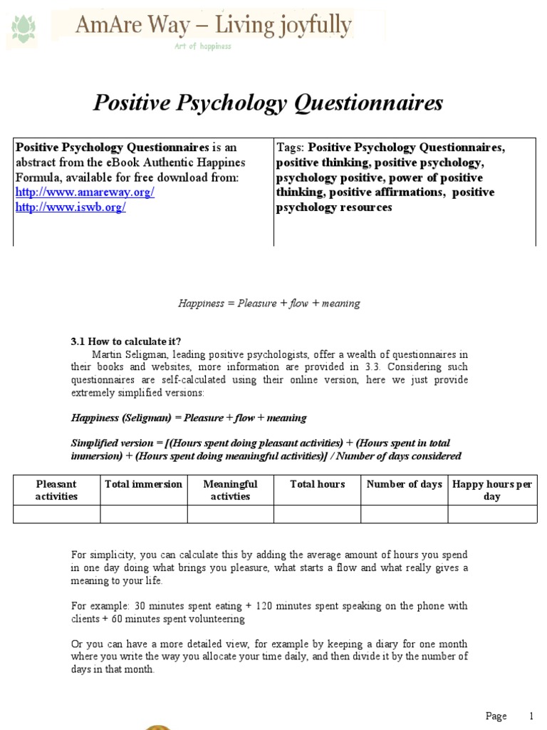 Positive Psychology Questionnaires | Positive Psychology ...