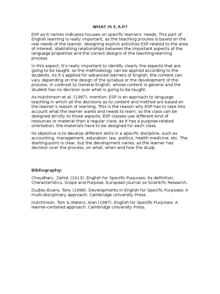 ESP (English Fos Specific Purposes) | PDF | Language Arts & Discipline
