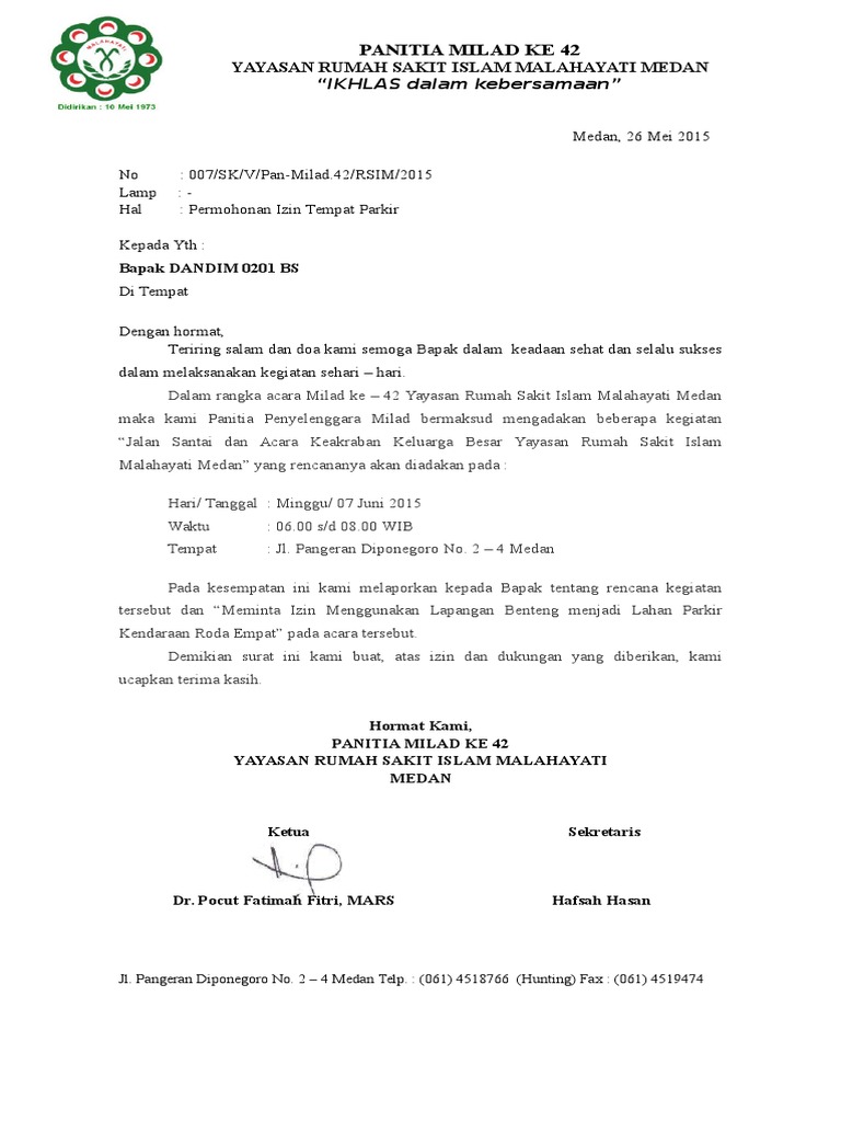 Permohonan Izin Parkir Milad RSIM | PDF