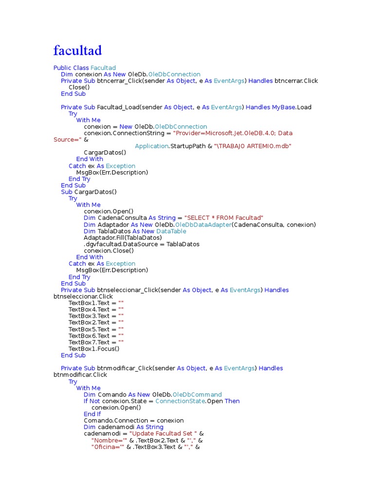 Facultad Oledbconnection Eventargs | PDF | Computer Programming | Computer Data