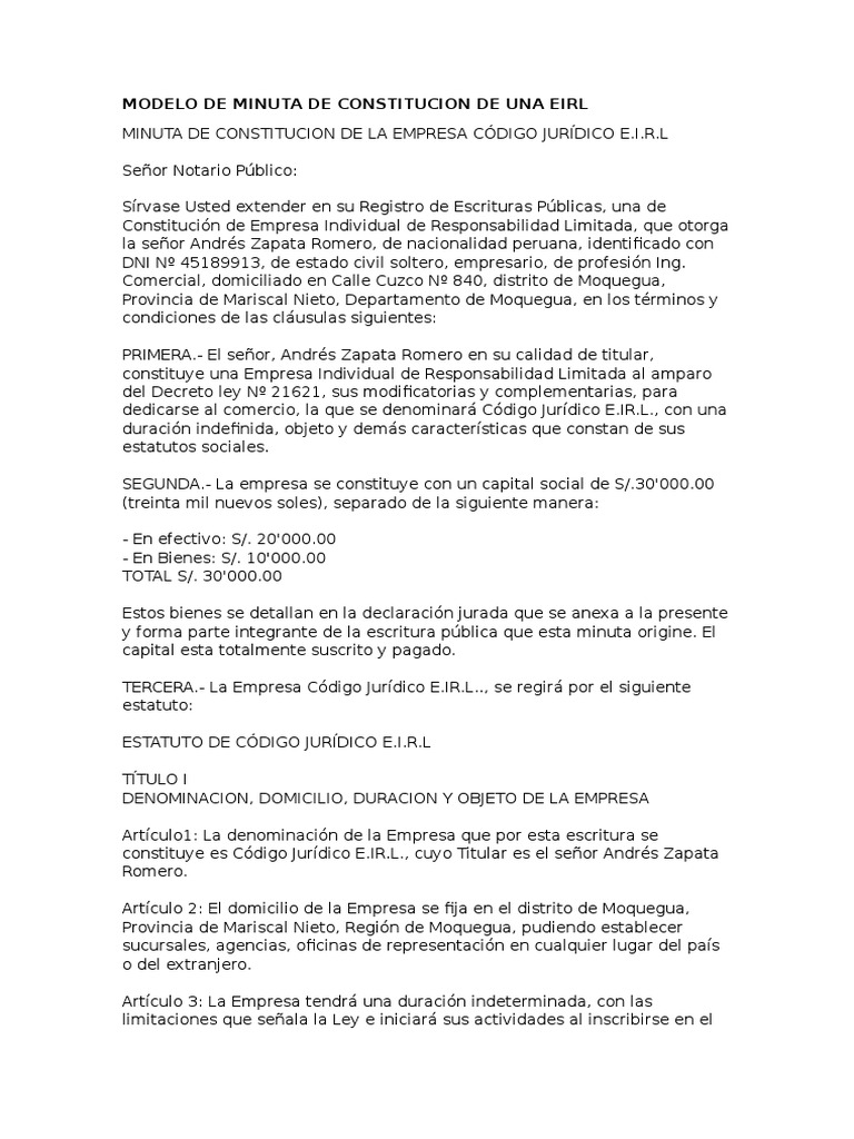 Constitución EIRL: Código Jurídico | PDF | Compañía de responsabilidad limitada | Liquidación