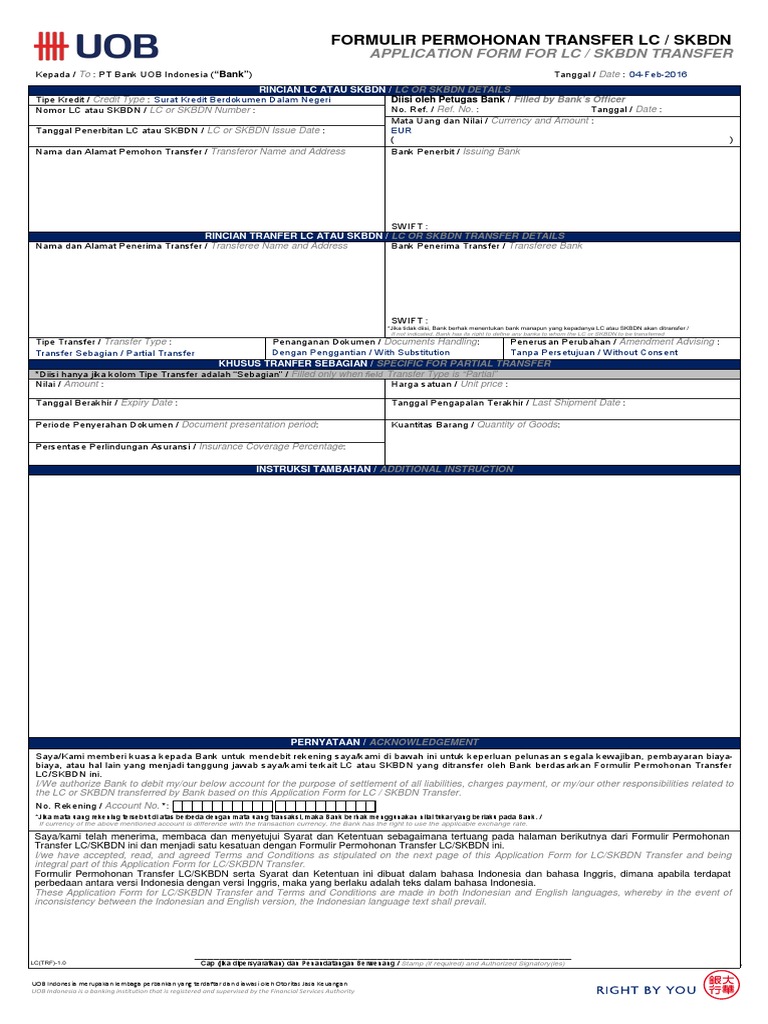 Formulir Permohonan Transfer LC SKBDN