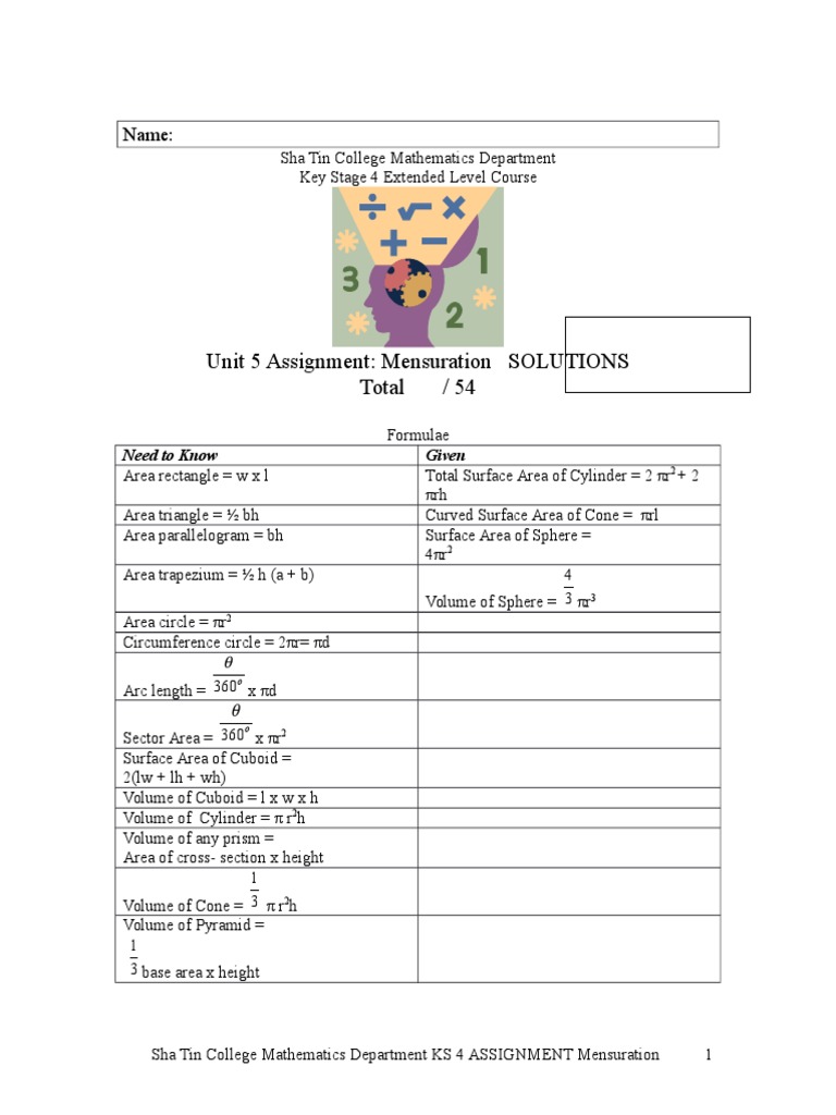 SOLUTIONS TO Unit 5 Mensuration - Extended Assignment | PDF | Area | Volume