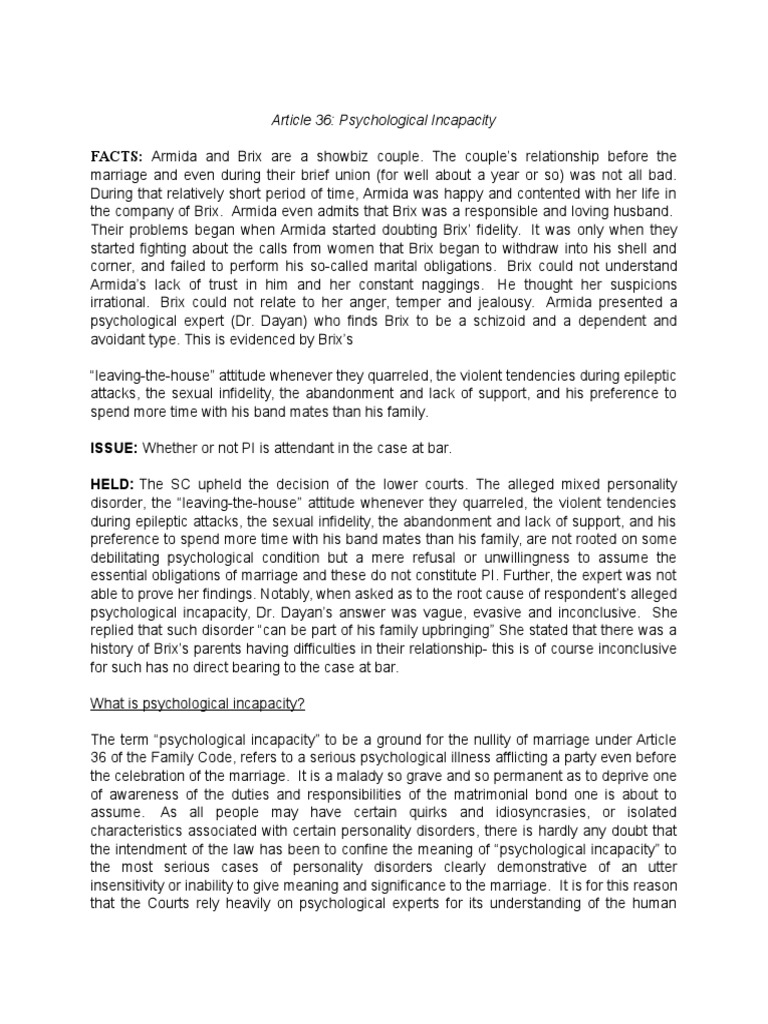 Facts:: Article 36: Psychological Incapacity | PDF | Infidelity | Marriage