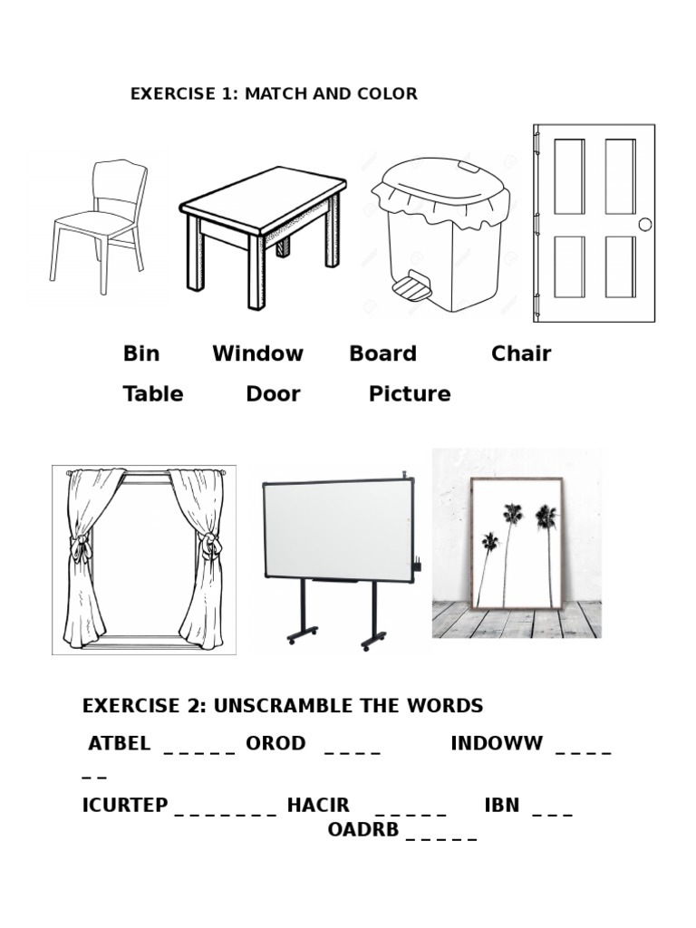 Bin Window Board Chair Door Picture: Exercise 1: Match and Color | PDF