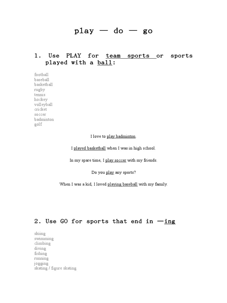 Play - Do - Go: 1. Use PLAY For Team Sports or Sports Played With A ...