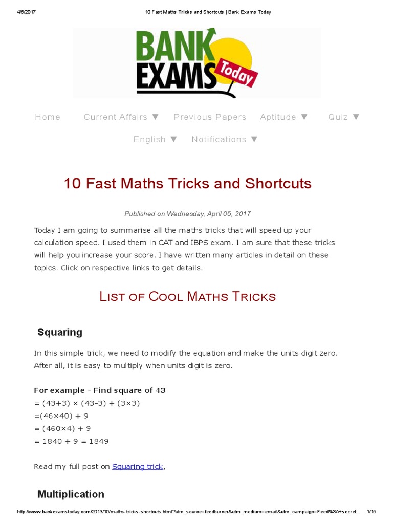 10 Fast Maths Tricks and Shortcuts | PDF | Multiplication | Teaching ...