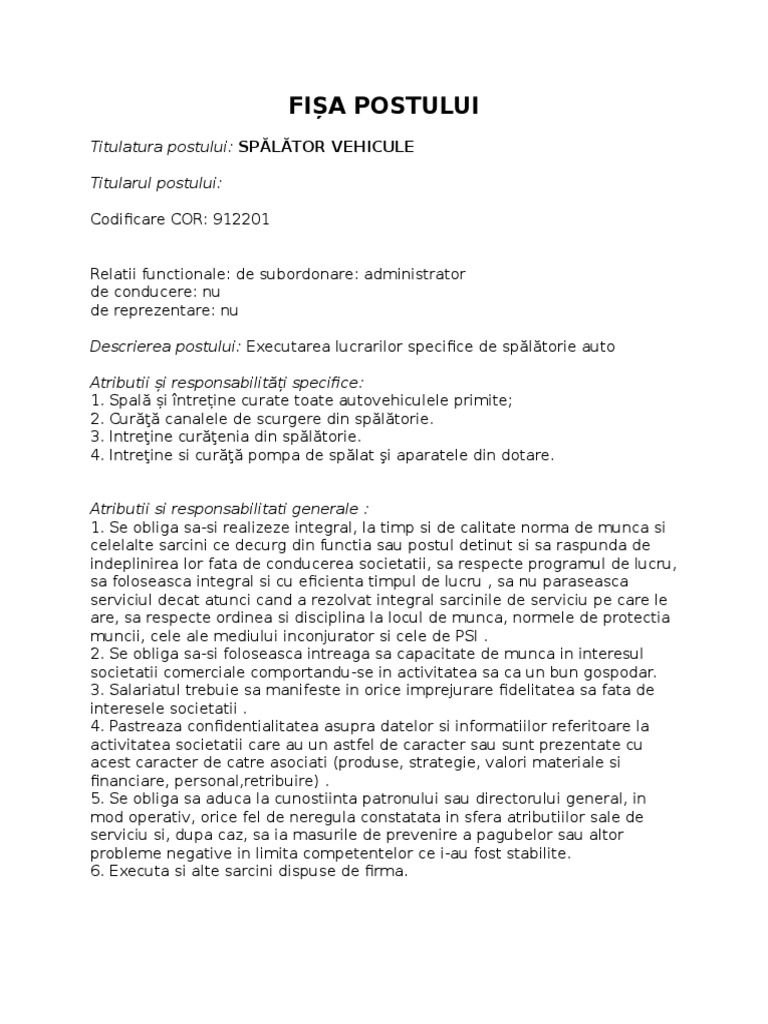Fisa Post-Spalator Vehicule | PDF