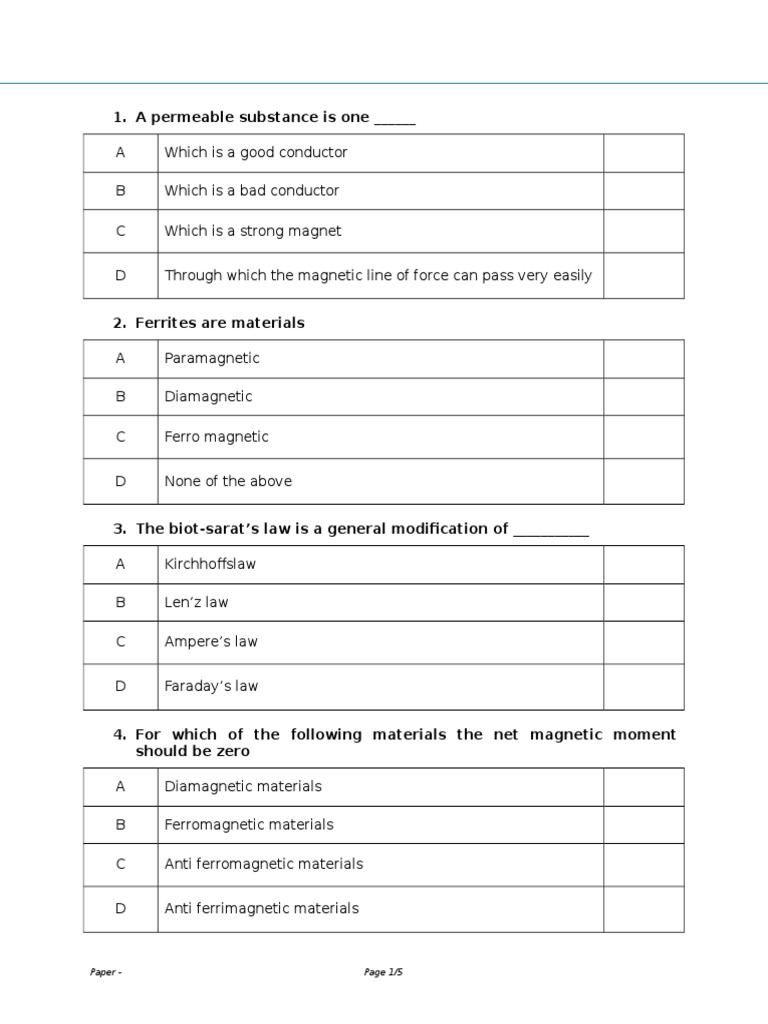 Multiple Choice Questions on Physics Concepts such as Magnetism ...