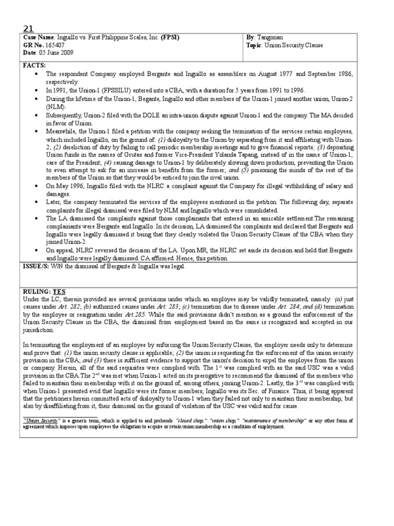 Inguillo vs. First Phil. Scales, Inc. | PDF | Complaint | Employment