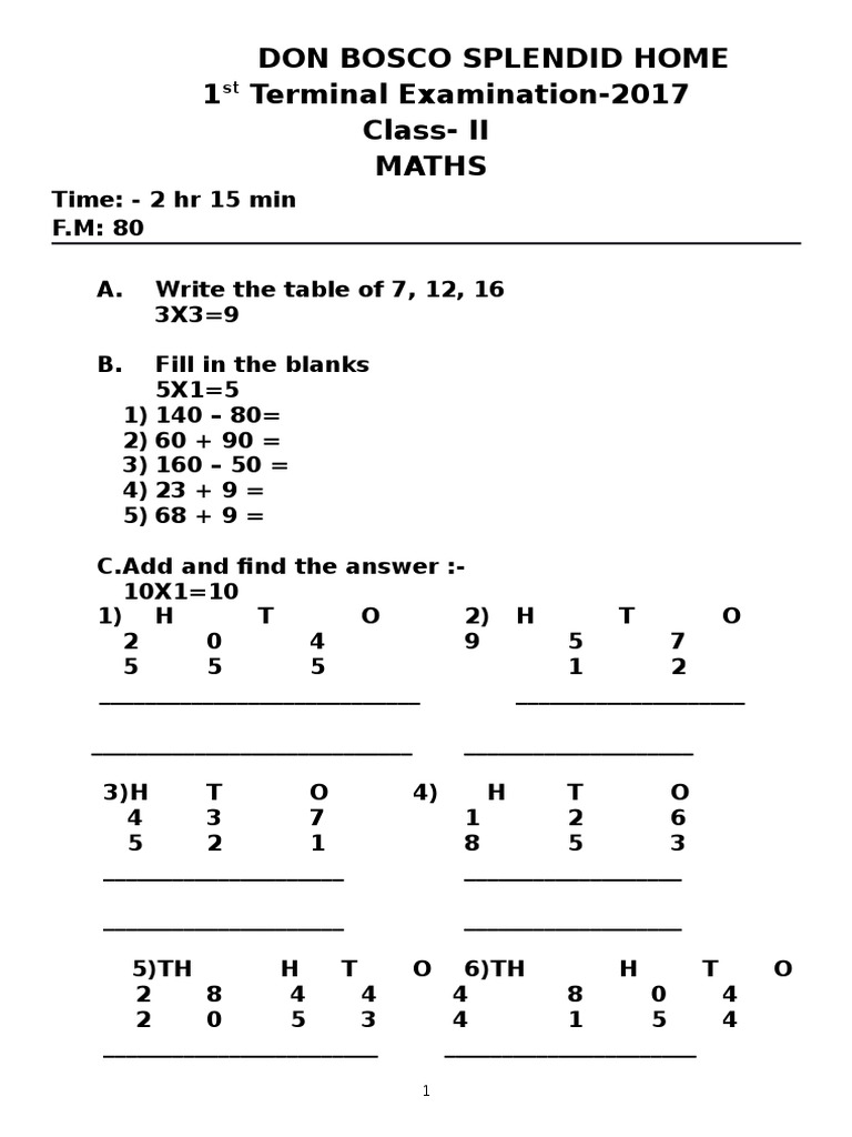 Don Bosco Splendid Home 1 Terminal Examination-2017 Class-II Maths ...