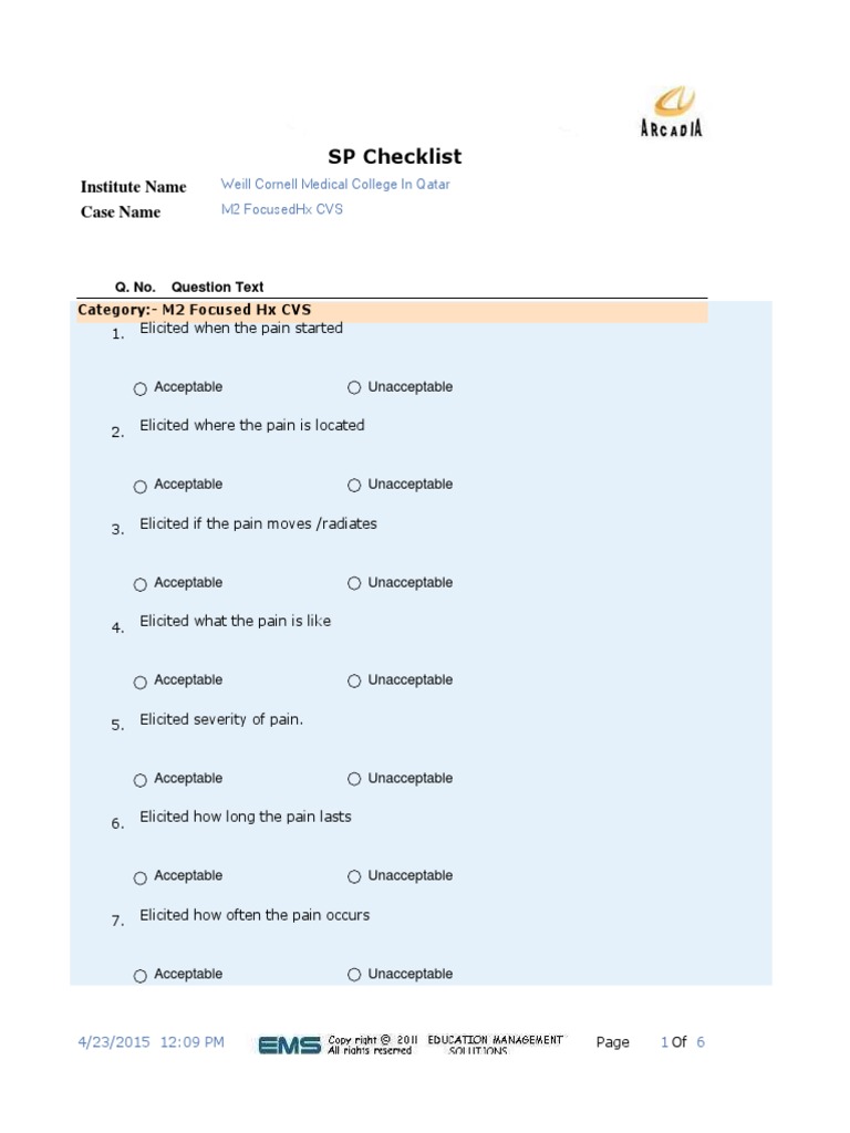 SP Checklist: Institute Name Case Name | PDF | Pain | Epidemiology