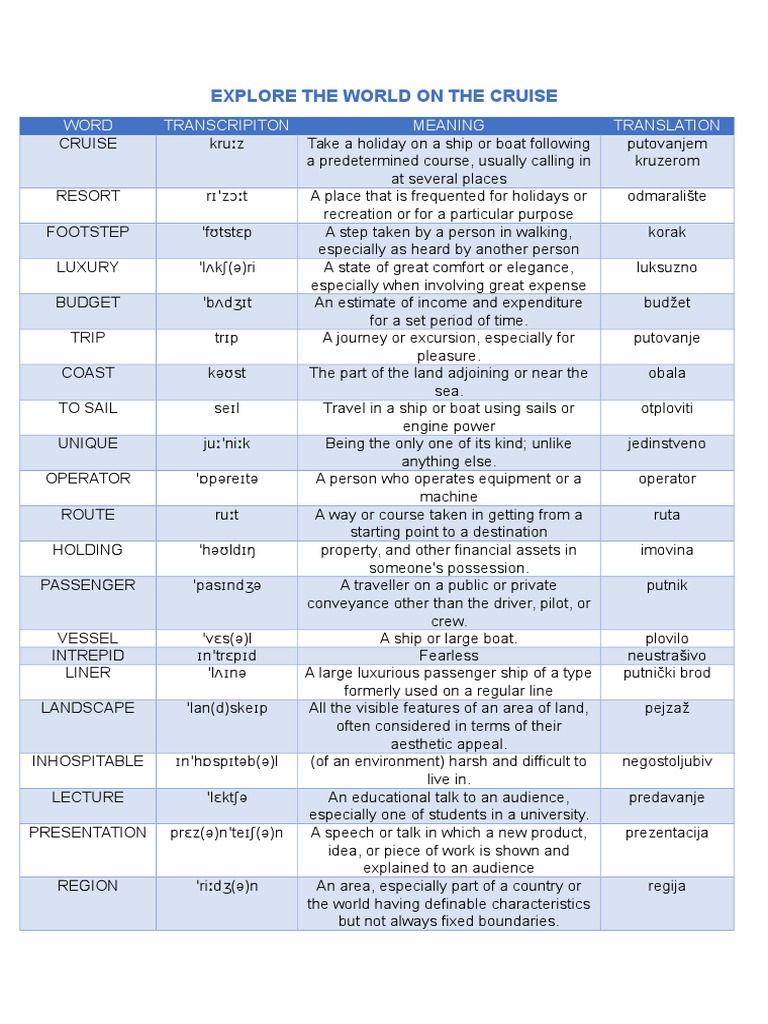 Cruise Vocabulary and Meanings Guide | PDF | Ships | Shipping