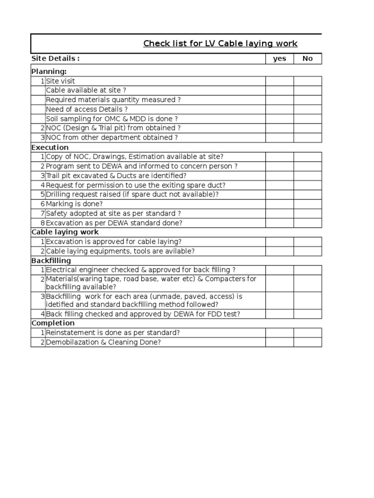 LV Cable Work Check List | PDF