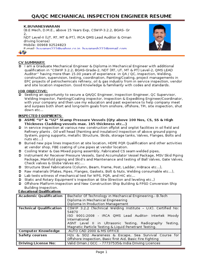 Qa/Qc Mechanical Inspection Engineer Resume: Buvanes222@yahoo - Co.in ...