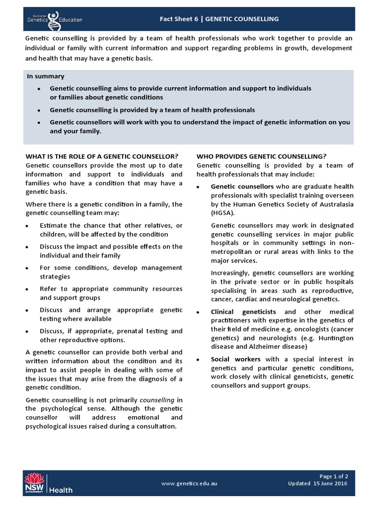 Fact Sheet 6 - Genetic Counselling: Page 1 of 2 WWW - Genetics.edu - Au ...