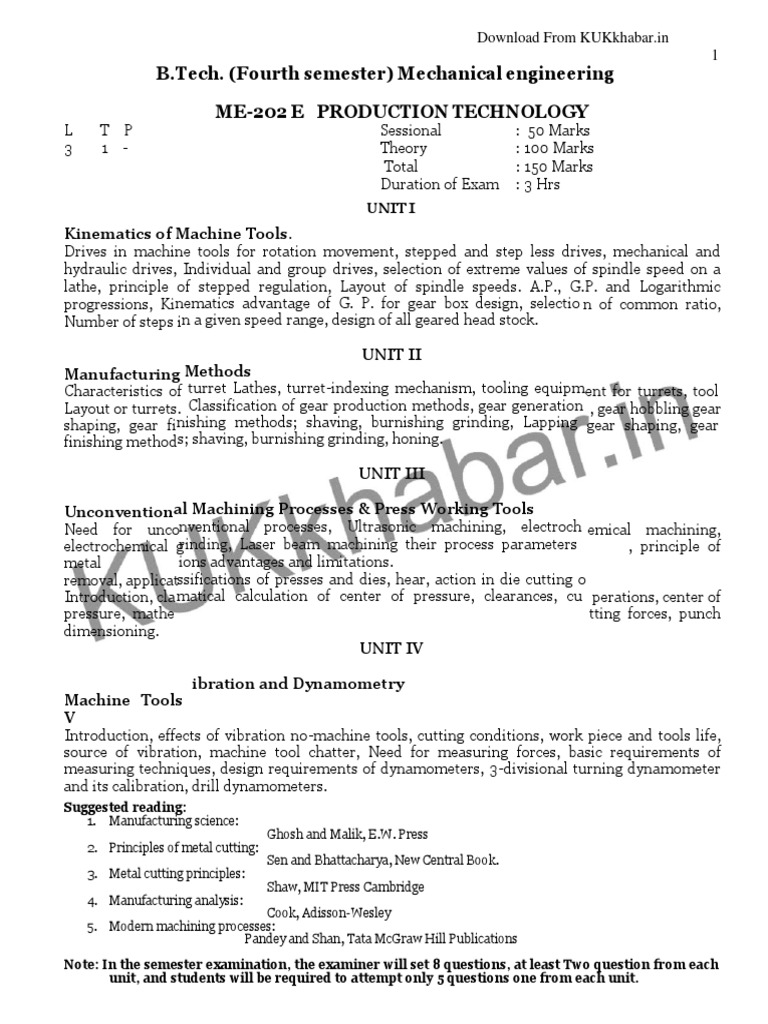 B.Tech. (Fourth Semester) Mechanical Engineering Me-202 E Production ...