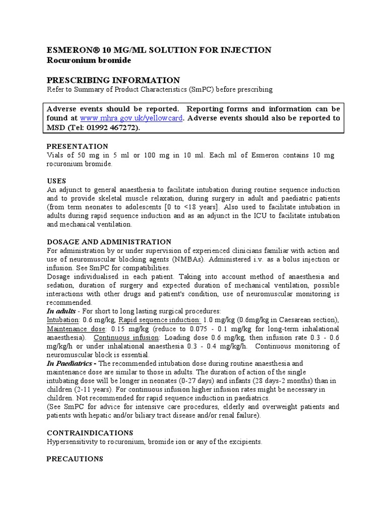 Esmeron 10 MG/ML Solution For Injection Rocuronium Bromide Prescribing ...