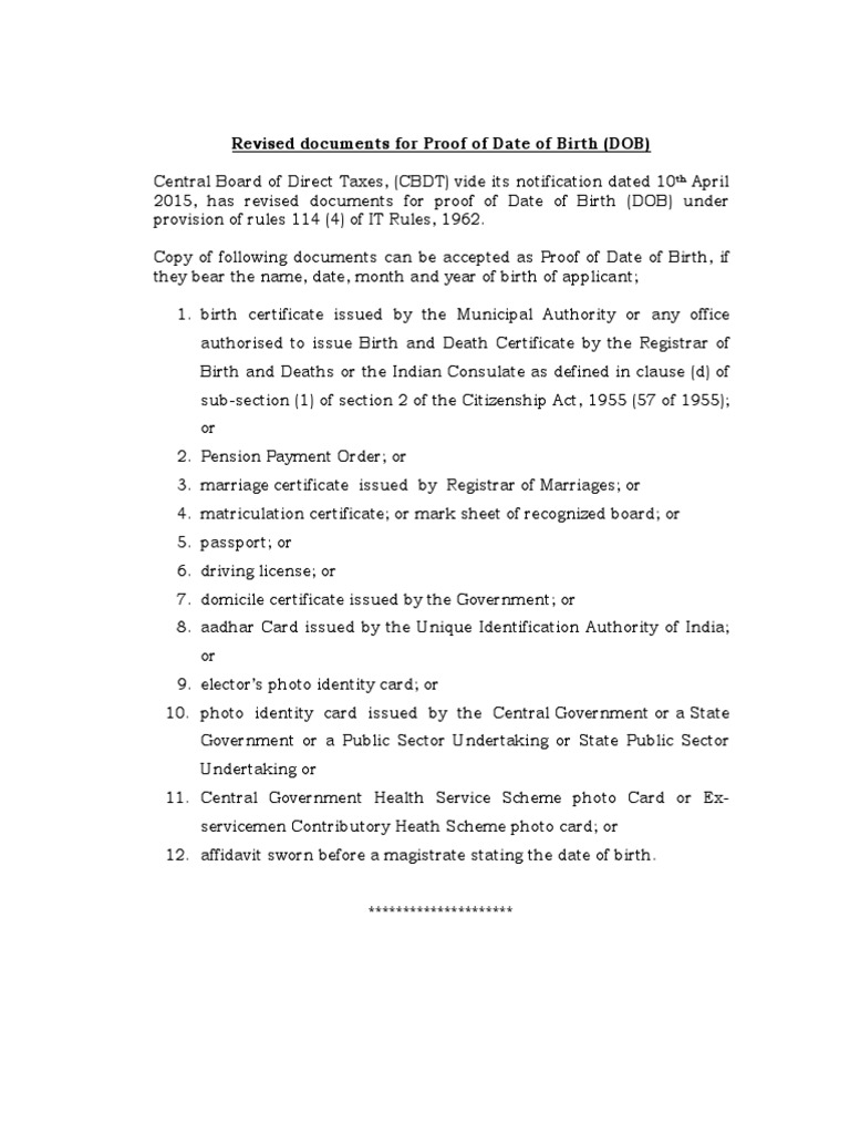 Revised DOB Proof Documents List | PDF