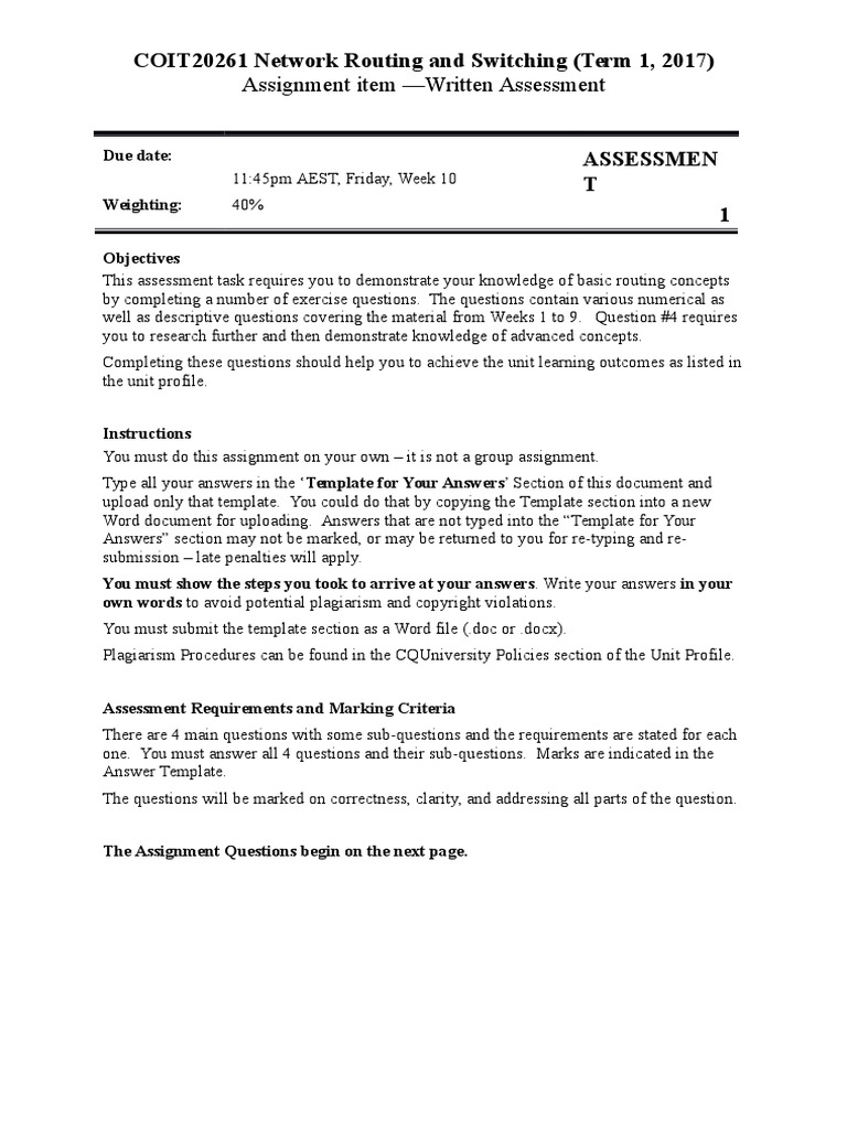 1 COIT20261 Network Routing and Switching Assignment T117 | PDF | Routing | Transmission Control ...