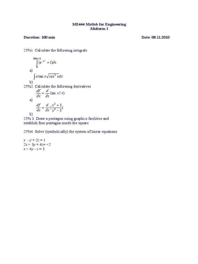 ME444 Matlab For Engineering-Mid1 | PDF