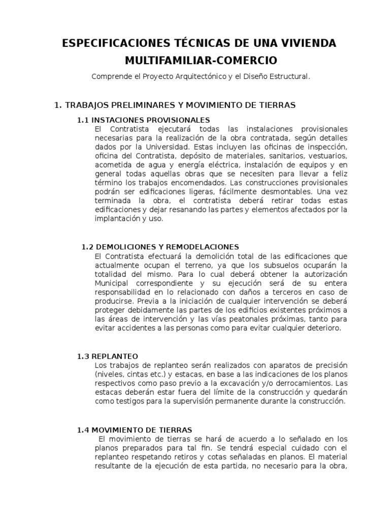 Especificaciones Técnicas de Una Vivienda | PDF | Fundación (Ingeniería) | Hormigón