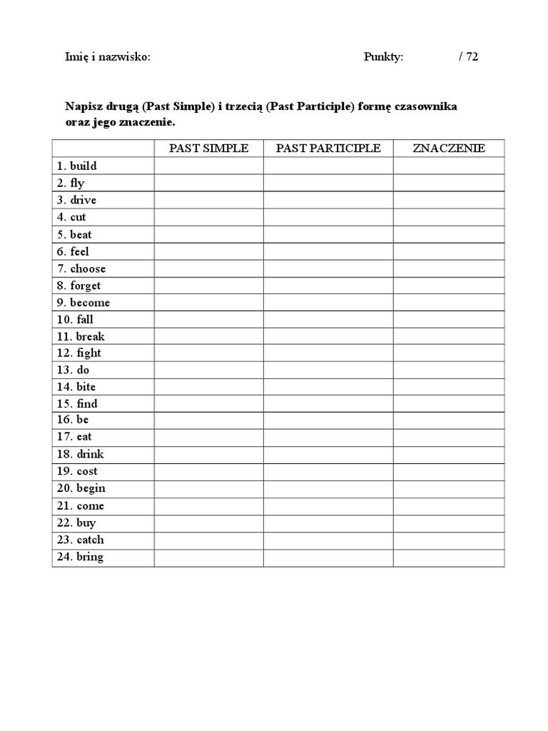 Kartkówka Irregular Verbs 1 | PDF