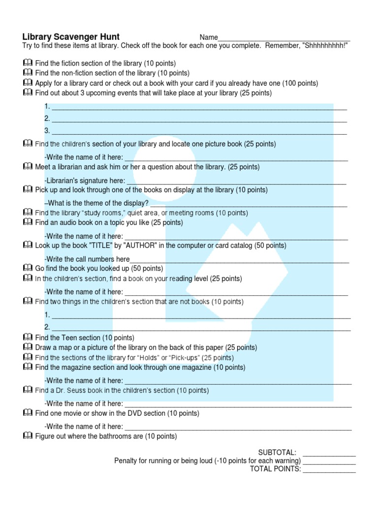 Library Scavenger Hunt Worksheet | PDF | Libraries | Library And Museum