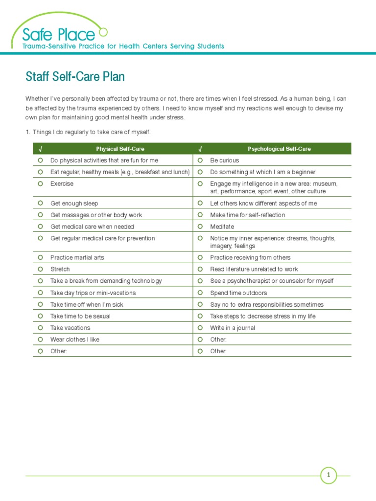 Staff Self-Care Plan | PDF | Psychology | Behavioural Sciences