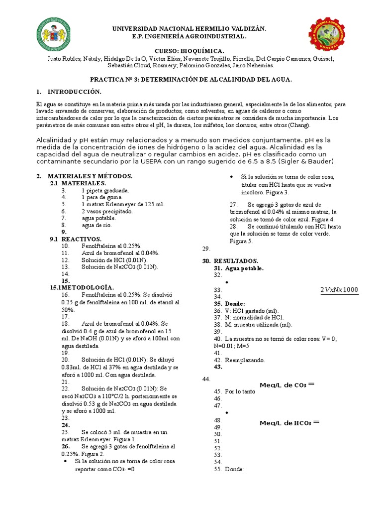 PRACTICA N° 3 DETERMINACIÓN DE ALCALINIDAD DEL AGUA | Ph | Agua